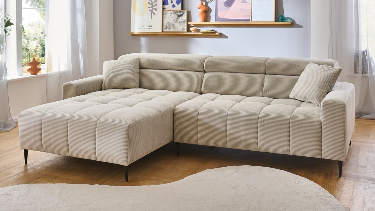 Ecksofa L SIMPLE Cord beige elektrische Sitztiefenverstellung