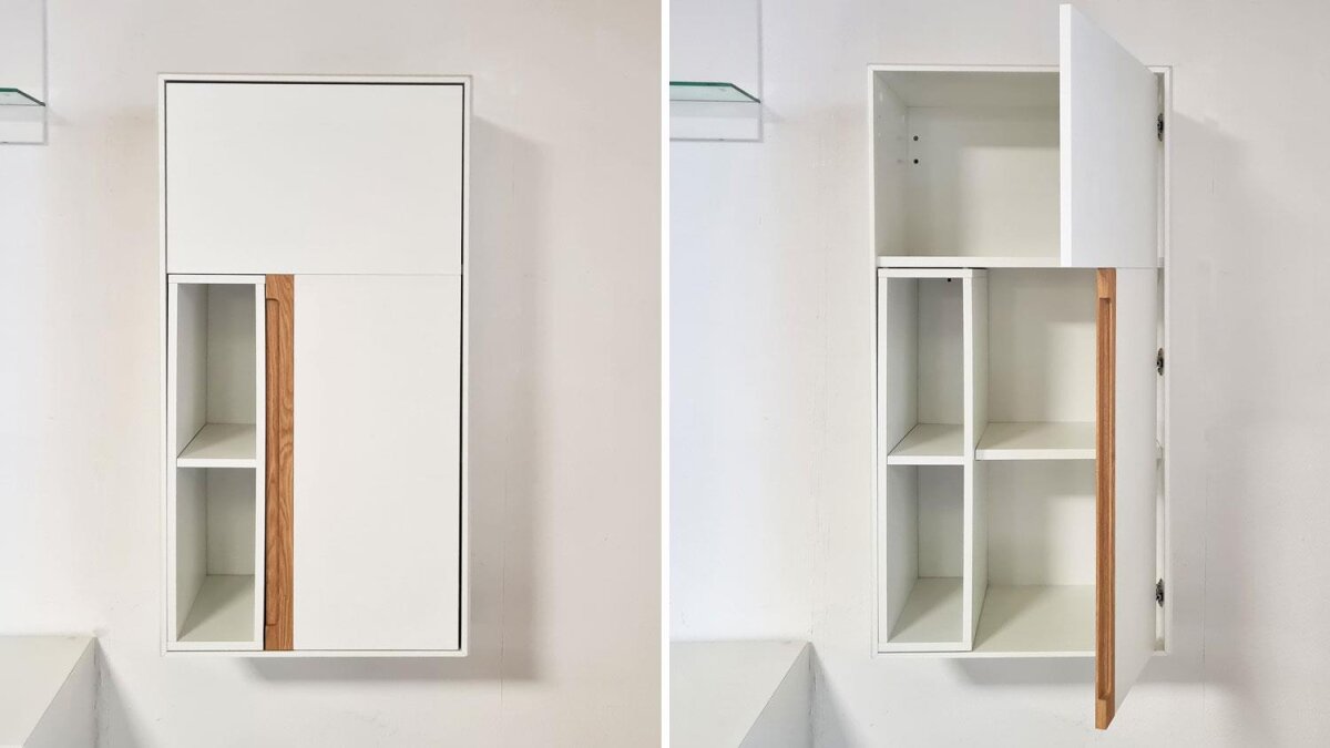 Hängevitrine LIGHT LINE 5 weiß matt Lack Design Front mit Eiche massi