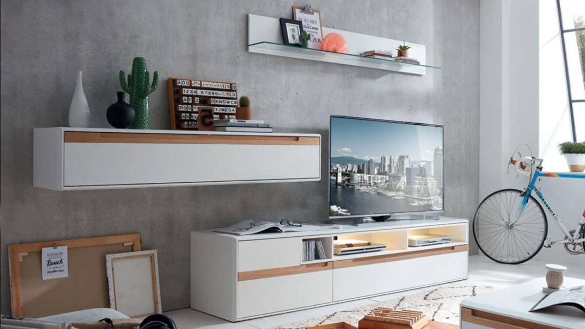 Wohnwand LIGHT LINE 5 weiß matt Lack Eiche massiv TV-Board