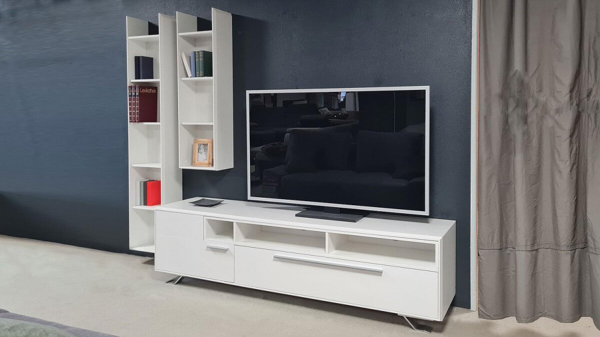 Wohnwand LIGHT LINE 5 weiß matt Lack TV-Board und Hängeregale