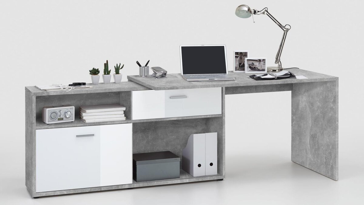 Eck Schreibtisch DIEGO Computertisch Winkeltisch Beton weiß Hochglanz