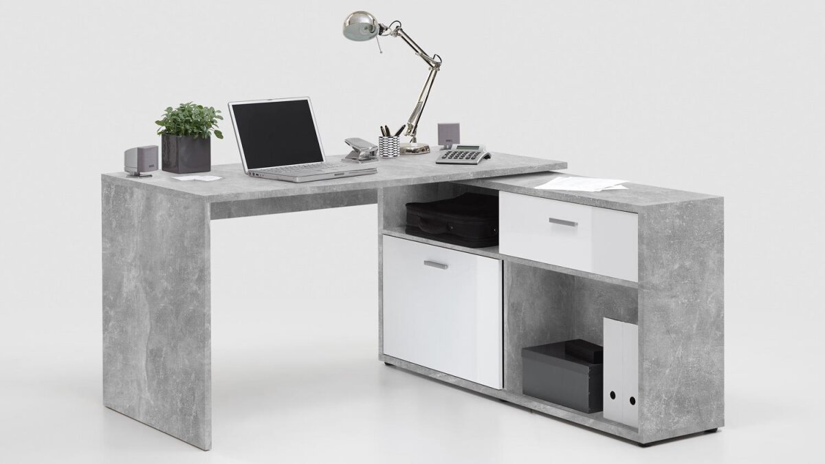 Eck Schreibtisch DIEGO Computertisch Winkeltisch Beton weiß Hochglanz
