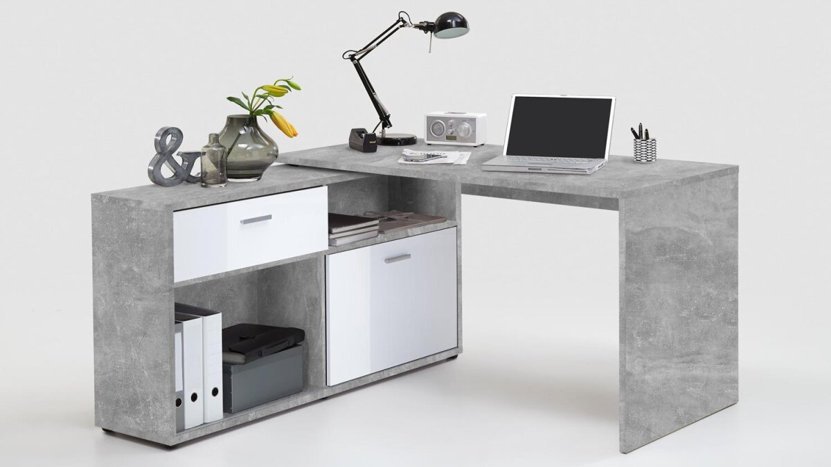 Eck Schreibtisch DIEGO Computertisch Winkeltisch Beton weiß Hochglanz