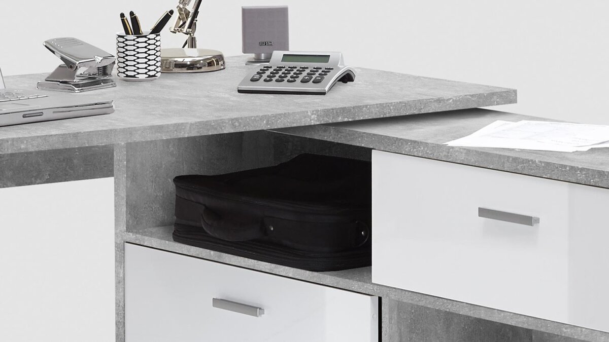 Eck Schreibtisch DIEGO Computertisch Winkeltisch Beton weiß Hochglanz