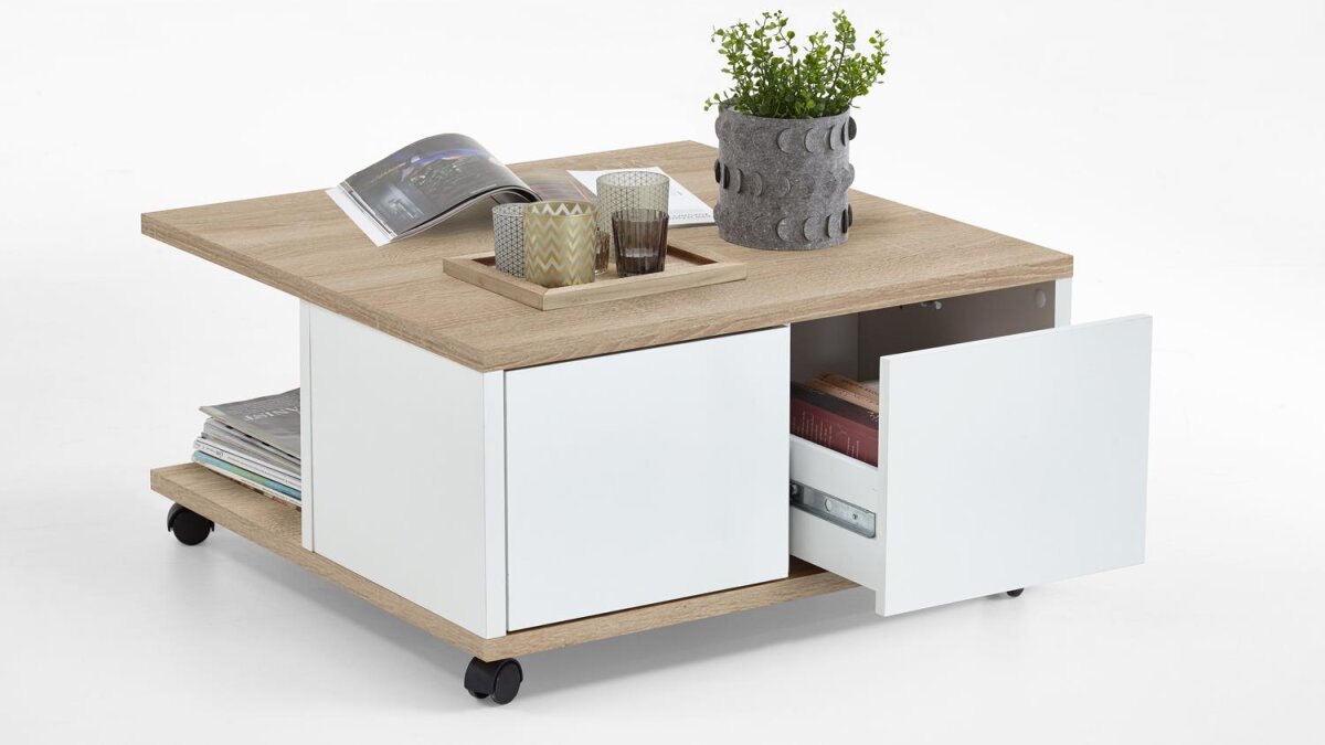 Couchtisch TWIN Wohnzimmertisch auf Rollen Eiche weiß Edelglanz
