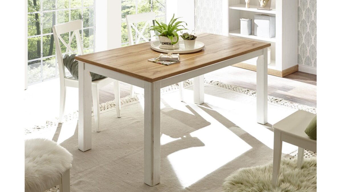Esstisch LANDHAUS in Pinie weiß und Wotan Eiche Tisch