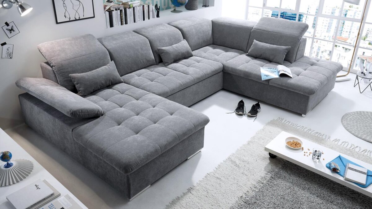 Wohnlandschaft WAYNE U Stoff dunkelgrau Nosagfederung Schlaffunktion