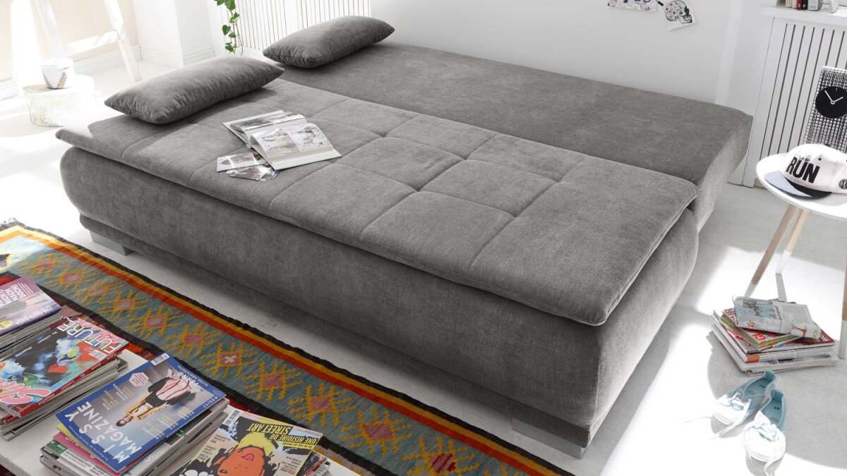 Schlafsofa LUIGI Dauerschläfer Stoff stone grau Federkern inkl. Toppe